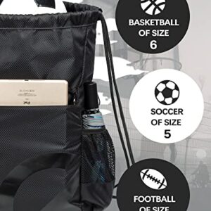 TRAILKICKER Drawstring Backpack Bag Basketball Football Volleyball Mesh Gym Sports String Drawstring Bag Waterproof for Men &Women with Smooth Zipper and Two Mesh Water Bottle Holder (Black)