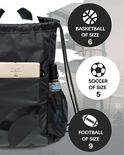 TRAILKICKER Drawstring Backpack Bag Basketball Football Volleyball Mesh Gym Sports String Drawstring Bag Waterproof for Men &Women with Smooth Zipper and Two Mesh Water Bottle Holder (Black)