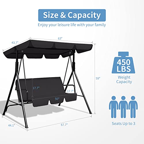 Rankok 3-Seat Outdoor Porch Swing with Adjustable Tilt Canopy Removable Cushion All-Weather Conversation Patio Swing Waterproof Outside Furniture Set for Garden Poolside Balcony Backyard (Black)