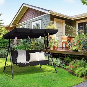 Rankok 3-Seat Outdoor Porch Swing with Adjustable Tilt Canopy Removable Cushion All-Weather Conversation Patio Swing Waterproof Outside Furniture Set for Garden Poolside Balcony Backyard (Black)