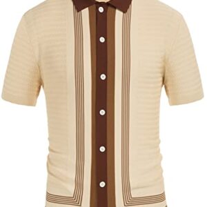 Mens Short Sleeve Vintage Stripe Knit Polo Shirts 60s Retro Sweater Polo Beige M