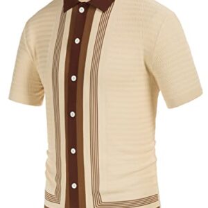 Mens Short Sleeve Vintage Stripe Knit Polo Shirts 60s Retro Sweater Polo Beige M