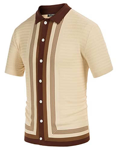 Mens Short Sleeve Vintage Stripe Knit Polo Shirts 60s Retro Sweater Polo Beige M