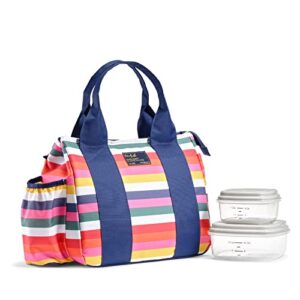 fit & fresh sanibel adult insulated lunch bag with side pouch & carry handles, complete lunch kit includes 2 containers, colorful stripe