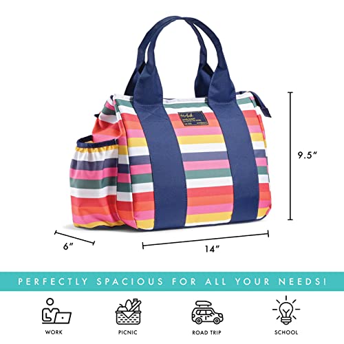 Fit & Fresh Sanibel Adult Insulated Lunch Bag with Side Pouch & Carry Handles, Complete Lunch Kit Includes 2 Containers, Colorful Stripe