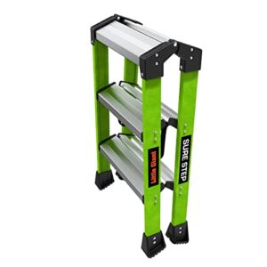 Little Giant Ladders, Sure Step, 3-Step, Double-Sided Step Stool, Fiberglass, (11953), Type 1AA, 375 lbs Weight Rating, Hi-viz Green