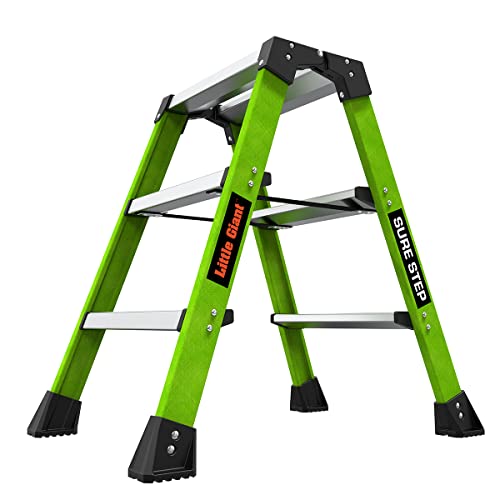 Little Giant Ladders, Sure Step, 3-Step, Double-Sided Step Stool, Fiberglass, (11953), Type 1AA, 375 lbs Weight Rating, Hi-viz Green