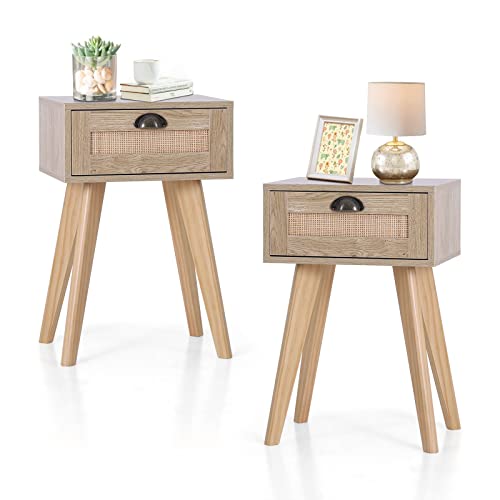 Sophia & William Rattan Nightstands Set of 2 Side End Table Bedside Table with Rattan Drawer and Solid Wood Legs for Bedroom Living Room and Small Space