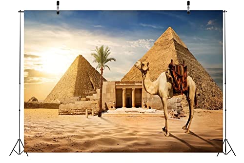 BELECO 9x6ft Fabric Egypt Pyramids Backdrop Photography Ancient Egyptian Pyramid Camel Backdrop Giza Desert Scene Coconut Tree Sunset Sky Scenery Room Decor Africa Desert Travel Portrait Photo Props