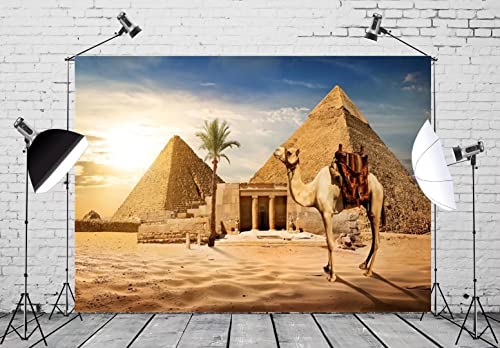 BELECO 9x6ft Fabric Egypt Pyramids Backdrop Photography Ancient Egyptian Pyramid Camel Backdrop Giza Desert Scene Coconut Tree Sunset Sky Scenery Room Decor Africa Desert Travel Portrait Photo Props