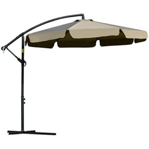 outsunny 9' offset hanging patio umbrella, cantilever umbrella with easy tilt adjustment, cross base and 8 ribs for backyard, poolside, lawn and garden, brown