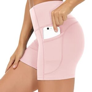 THE GYM PEOPLE High Waist Yoga Shorts for Women's Tummy Control Fitness Athletic Workout Running Shorts with Deep Pockets (Medium, Pink)