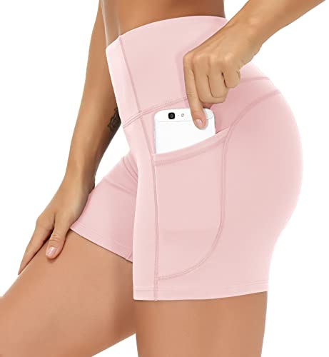 THE GYM PEOPLE High Waist Yoga Shorts for Women's Tummy Control Fitness Athletic Workout Running Shorts with Deep Pockets (Medium, Pink)