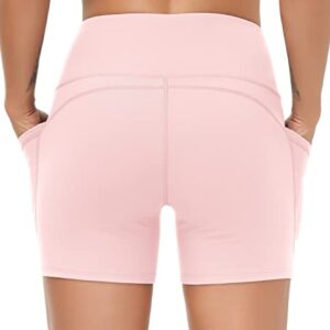 THE GYM PEOPLE High Waist Yoga Shorts for Women's Tummy Control Fitness Athletic Workout Running Shorts with Deep Pockets (Medium, Pink)