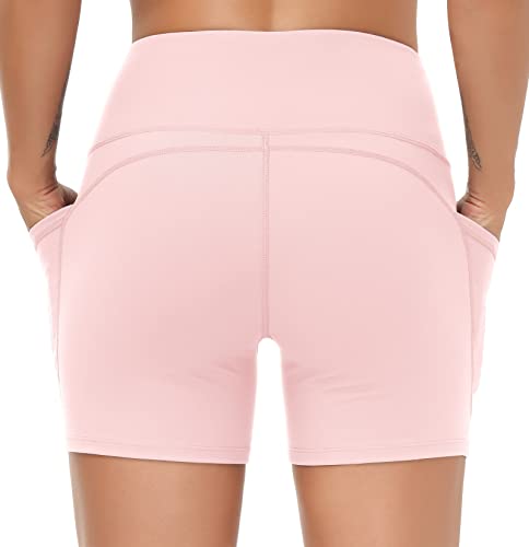 THE GYM PEOPLE High Waist Yoga Shorts for Women's Tummy Control Fitness Athletic Workout Running Shorts with Deep Pockets (Medium, Pink)