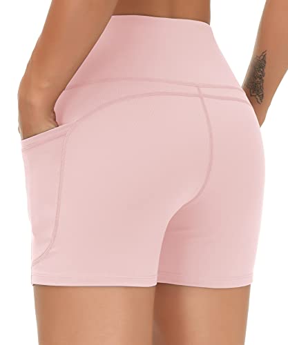 THE GYM PEOPLE High Waist Yoga Shorts for Women's Tummy Control Fitness Athletic Workout Running Shorts with Deep Pockets (Medium, Pink)