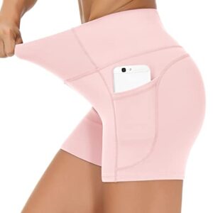 THE GYM PEOPLE High Waist Yoga Shorts for Women's Tummy Control Fitness Athletic Workout Running Shorts with Deep Pockets (Medium, Pink)