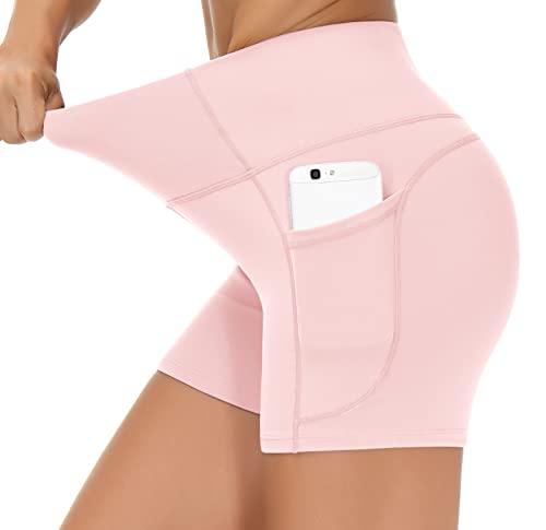 THE GYM PEOPLE High Waist Yoga Shorts for Women's Tummy Control Fitness Athletic Workout Running Shorts with Deep Pockets (Medium, Pink)