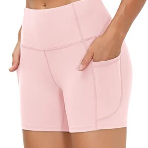 THE GYM PEOPLE High Waist Yoga Shorts for Women's Tummy Control Fitness Athletic Workout Running Shorts with Deep Pockets (Medium, Pink)