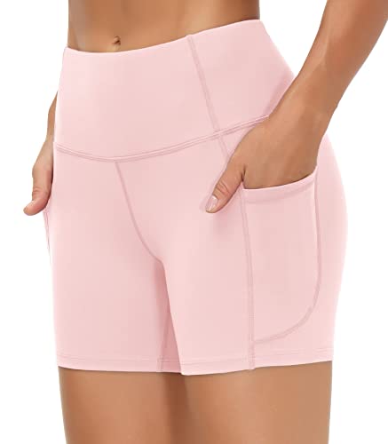 THE GYM PEOPLE High Waist Yoga Shorts for Women's Tummy Control Fitness Athletic Workout Running Shorts with Deep Pockets (Medium, Pink)