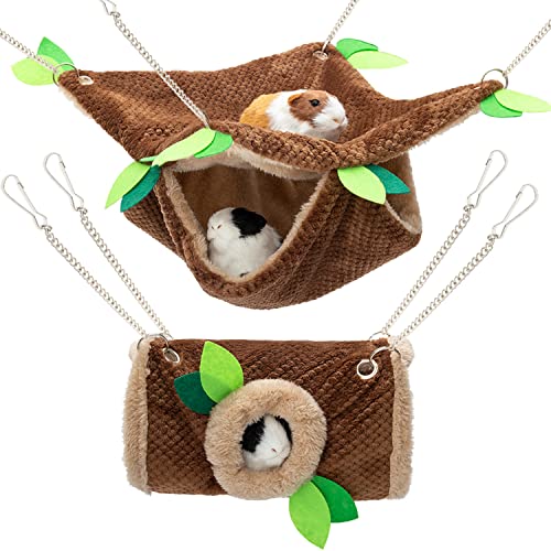 ORZECHKO Small Animal Hammock - Hanging Hammock & Tunnel Hideout for GuineaPig Hamster Parrot Rat Chinchilla - Warm Swing Plush Cage Bed Washable Pet Hammock with 5.9" Chian