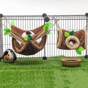 ORZECHKO Small Animal Hammock - Hanging Hammock & Tunnel Hideout for GuineaPig Hamster Parrot Rat Chinchilla - Warm Swing Plush Cage Bed Washable Pet Hammock with 5.9" Chian