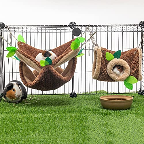 ORZECHKO Small Animal Hammock - Hanging Hammock & Tunnel Hideout for GuineaPig Hamster Parrot Rat Chinchilla - Warm Swing Plush Cage Bed Washable Pet Hammock with 5.9" Chian