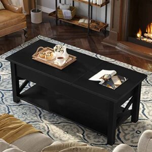 Rolanstar Coffee Table 47.2", 2 Way Lift Top Farmhouse Center Table with Hidden Compartment, Open Shelf & X Wooden Support for Living Room, Black