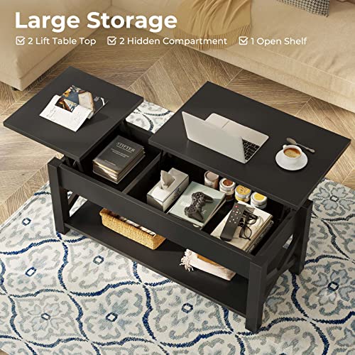 Rolanstar Coffee Table 47.2", 2 Way Lift Top Farmhouse Center Table with Hidden Compartment, Open Shelf & X Wooden Support for Living Room, Black