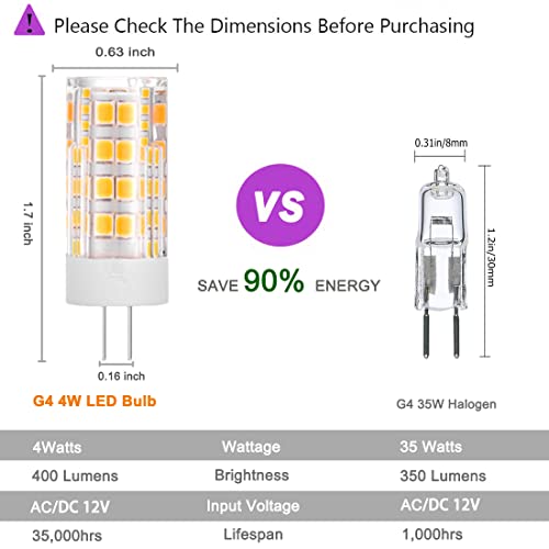 KAKEMONO G4 LED Bulb 4W 2700K Warm White bi-pin T3 JC Type 12VAC/DC 35W Halogen Equivalent Non-dimmable for Outdoor Landscape Deck Stair Step Path Lights, Pack of 6