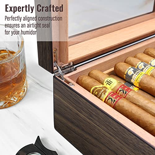 Flauno Desktop Cigar Humidor, Cedar Wood Humidor Cigar Box with Digital Hygrometer, Humidifier, Tray and Dividers, Holds 25-50 Cigars, Walnut Finish