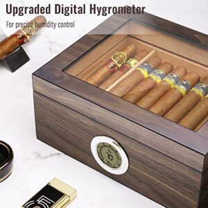 Flauno Desktop Cigar Humidor, Cedar Wood Humidor Cigar Box with Digital Hygrometer, Humidifier, Tray and Dividers, Holds 25-50 Cigars, Walnut Finish