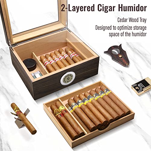 Flauno Desktop Cigar Humidor, Cedar Wood Humidor Cigar Box with Digital Hygrometer, Humidifier, Tray and Dividers, Holds 25-50 Cigars, Walnut Finish