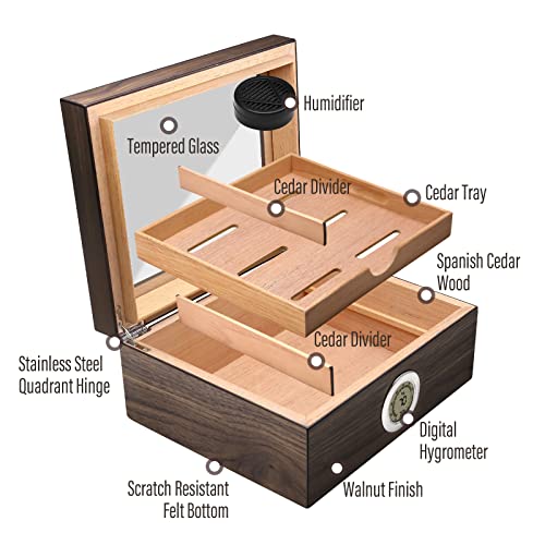 Flauno Desktop Cigar Humidor, Cedar Wood Humidor Cigar Box with Digital Hygrometer, Humidifier, Tray and Dividers, Holds 25-50 Cigars, Walnut Finish