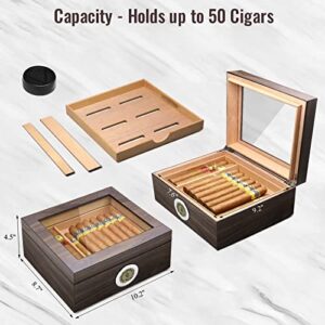 Flauno Desktop Cigar Humidor, Cedar Wood Humidor Cigar Box with Digital Hygrometer, Humidifier, Tray and Dividers, Holds 25-50 Cigars, Walnut Finish