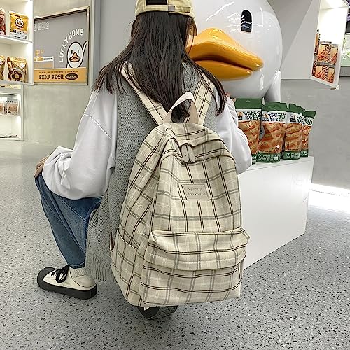 JHTPSLR Light Academia Aesthetic Backpack Plaid Preppy Backpack Teen Girls Book Bags Back to School Backpack Supplies (Beige)