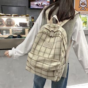 JHTPSLR Light Academia Aesthetic Backpack Plaid Preppy Backpack Teen Girls Book Bags Back to School Backpack Supplies (Beige)