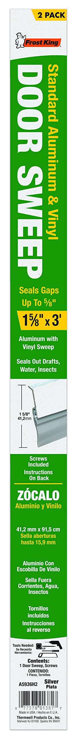 Frost King A59/36H Premium Aluminum and Vinyl Door Sweep 1-5/8 -inch by 36-inches, Silver - 2-Pack