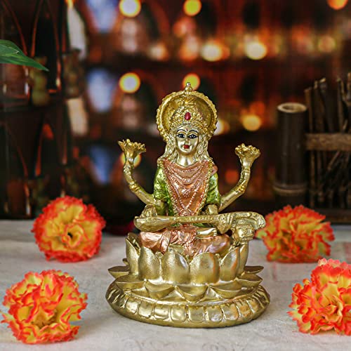 Hindu Goddess Saraswati Statue - 4.6" H Indian God Saraswati Idol Lotus Sculpture - Home Temple Indian Pooja Items Car Decor - Housewarming Wedding Return Gifts Diwali Gifts Antique Gold