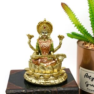 Hindu Goddess Saraswati Statue - 4.6" H Indian God Saraswati Idol Lotus Sculpture - Home Temple Indian Pooja Items Car Decor - Housewarming Wedding Return Gifts Diwali Gifts Antique Gold