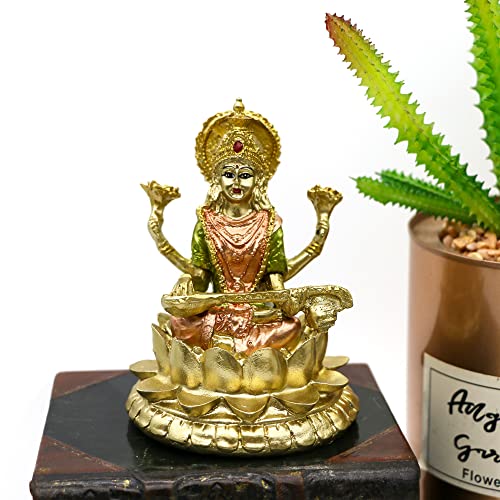 Hindu Goddess Saraswati Statue - 4.6" H Indian God Saraswati Idol Lotus Sculpture - Home Temple Indian Pooja Items Car Decor - Housewarming Wedding Return Gifts Diwali Gifts Antique Gold