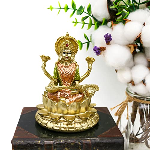 Hindu Goddess Saraswati Statue - 4.6" H Indian God Saraswati Idol Lotus Sculpture - Home Temple Indian Pooja Items Car Decor - Housewarming Wedding Return Gifts Diwali Gifts Antique Gold