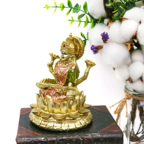 Hindu Goddess Saraswati Statue - 4.6" H Indian God Saraswati Idol Lotus Sculpture - Home Temple Indian Pooja Items Car Decor - Housewarming Wedding Return Gifts Diwali Gifts Antique Gold