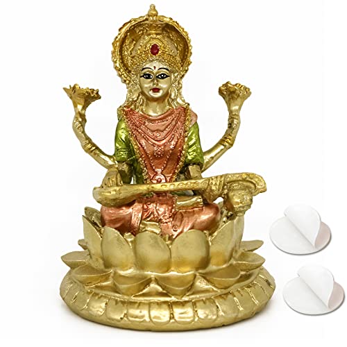 Hindu Goddess Saraswati Statue - 4.6" H Indian God Saraswati Idol Lotus Sculpture - Home Temple Indian Pooja Items Car Decor - Housewarming Wedding Return Gifts Diwali Gifts Antique Gold