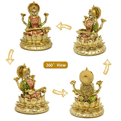 Hindu Goddess Saraswati Statue - 4.6" H Indian God Saraswati Idol Lotus Sculpture - Home Temple Indian Pooja Items Car Decor - Housewarming Wedding Return Gifts Diwali Gifts Antique Gold