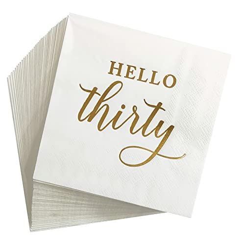 AAAMN 40pcs Hello Thirty Cocktail Disposible Napkins Happy 30th Birthday Decorations for Men and Women and Wedding Anniversary Party Dec Gold