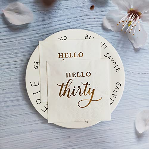 AAAMN 40pcs Hello Thirty Cocktail Disposible Napkins Happy 30th Birthday Decorations for Men and Women and Wedding Anniversary Party Dec Gold