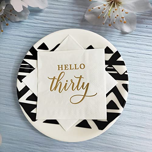 AAAMN 40pcs Hello Thirty Cocktail Disposible Napkins Happy 30th Birthday Decorations for Men and Women and Wedding Anniversary Party Dec Gold