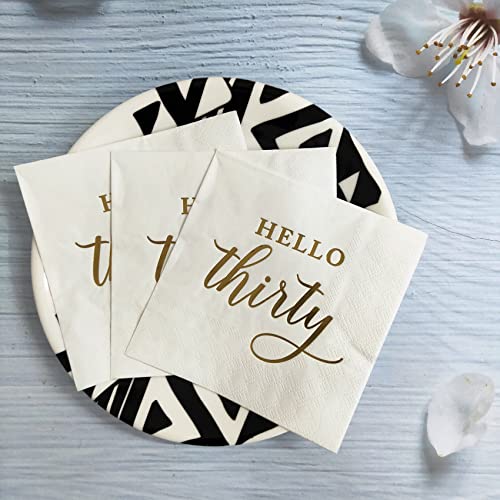 AAAMN 40pcs Hello Thirty Cocktail Disposible Napkins Happy 30th Birthday Decorations for Men and Women and Wedding Anniversary Party Dec Gold