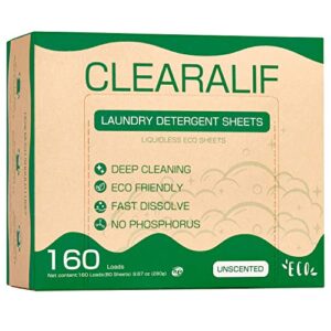 clearalif laundry detergent sheets up to 160 loads (80sheets), unscented, laundry detergent strips eco friendly & hypoallergenic